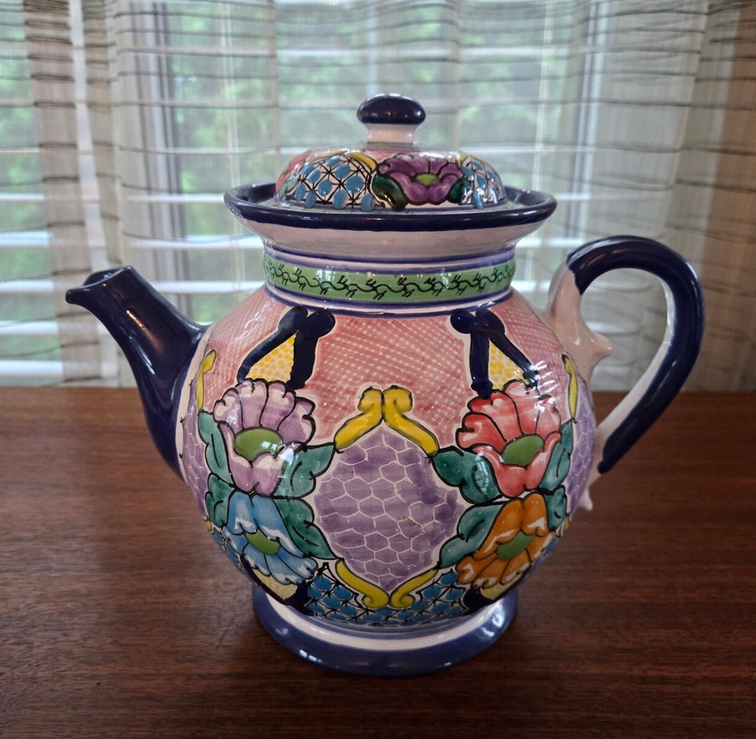 Vintage Large Mexican Talavera Teapot Folk Art Hernandez Puebla Hand ...