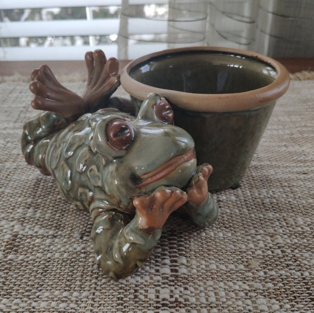 Anthropomorphic Whimsical Frog Planter, Vintage Majolica Frog Ceramic ...