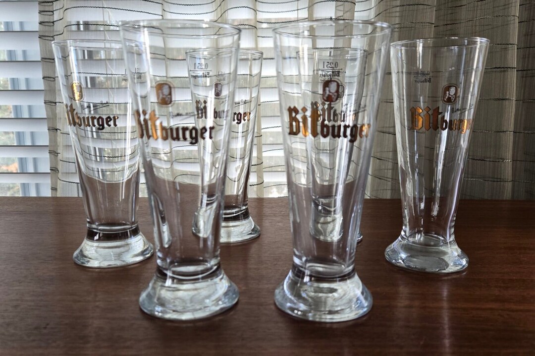 Bitburger German Pilsner Beer Glasses, Set of 6 Vintage Gilded .25L ...