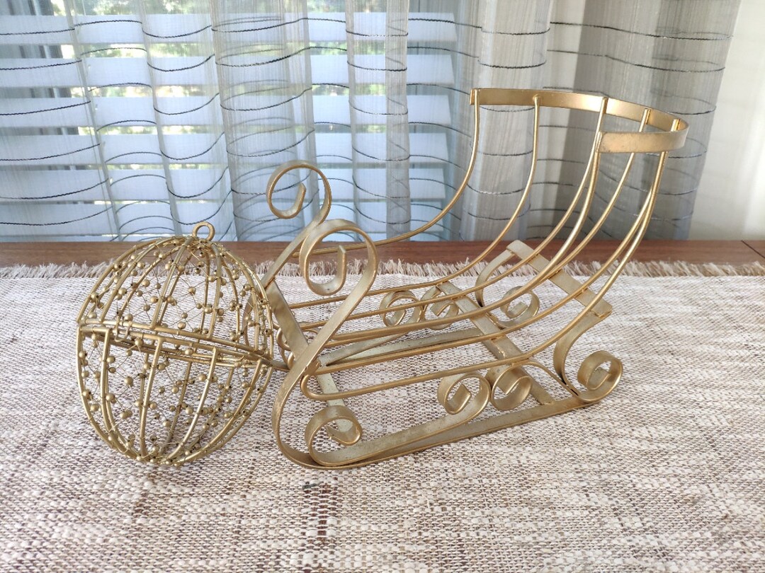 Gold Metal Sleigh and Ornament, Set If 2 Vintage Christmas Decorations ...