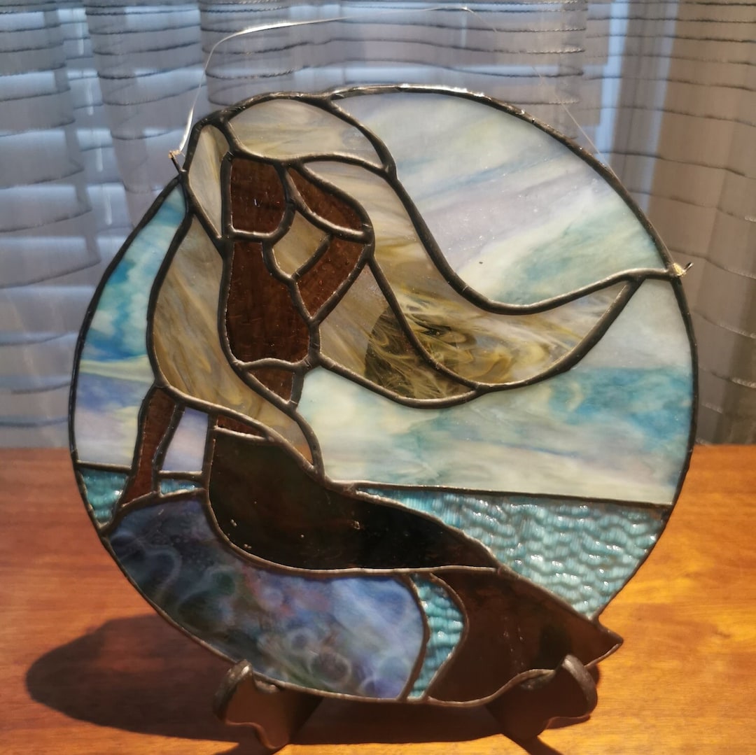 Mermaid Stained Glass Suncatcher Vintage Round Slag Glass Panel 11" - Etsy