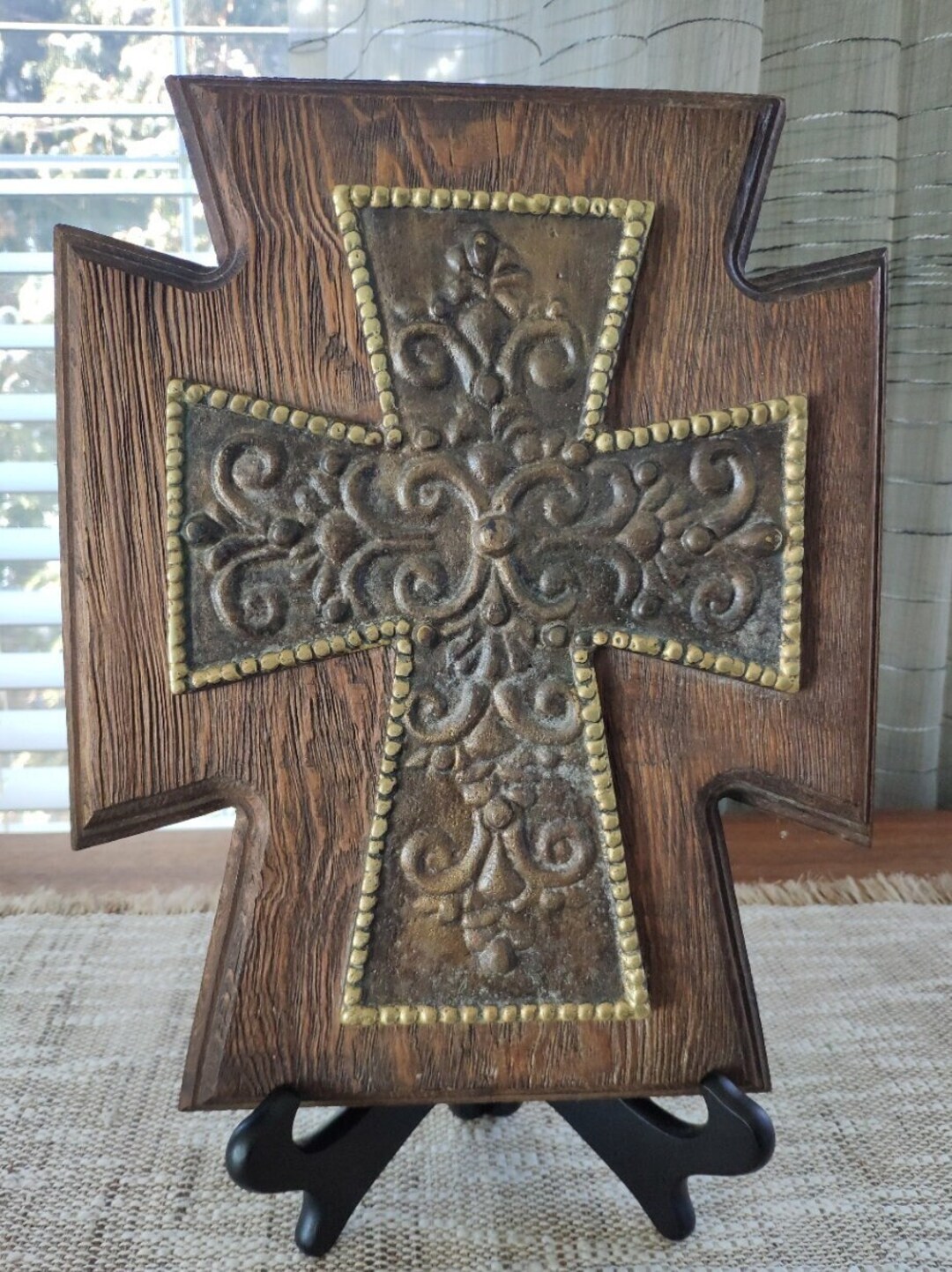 Bronzed Brass Byzantine Cross on Wood, Vintage Large Rustic Gothic ...