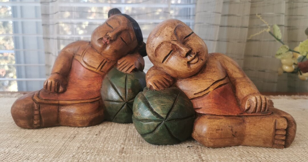 Asian Sleeping Children Wooden Bookends 9" Large Sculptures, Set of 2 ...