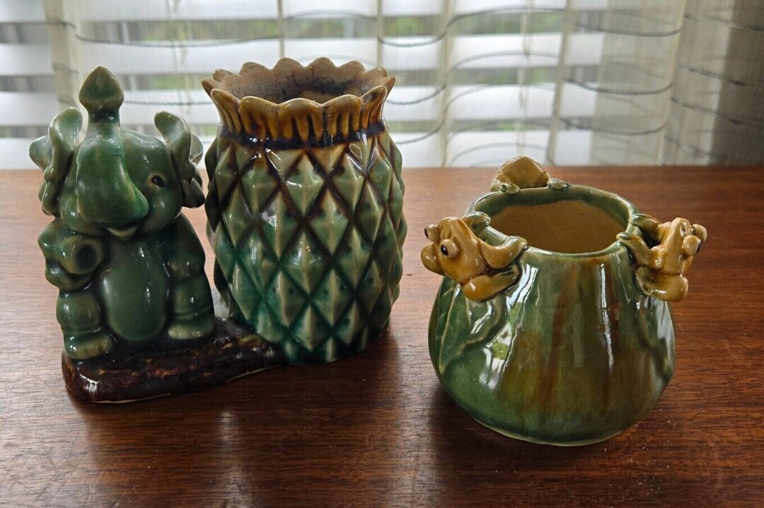 Set of 2 Majolica Frogs and Elephant Pineapple Vase Planters, Vintage ...