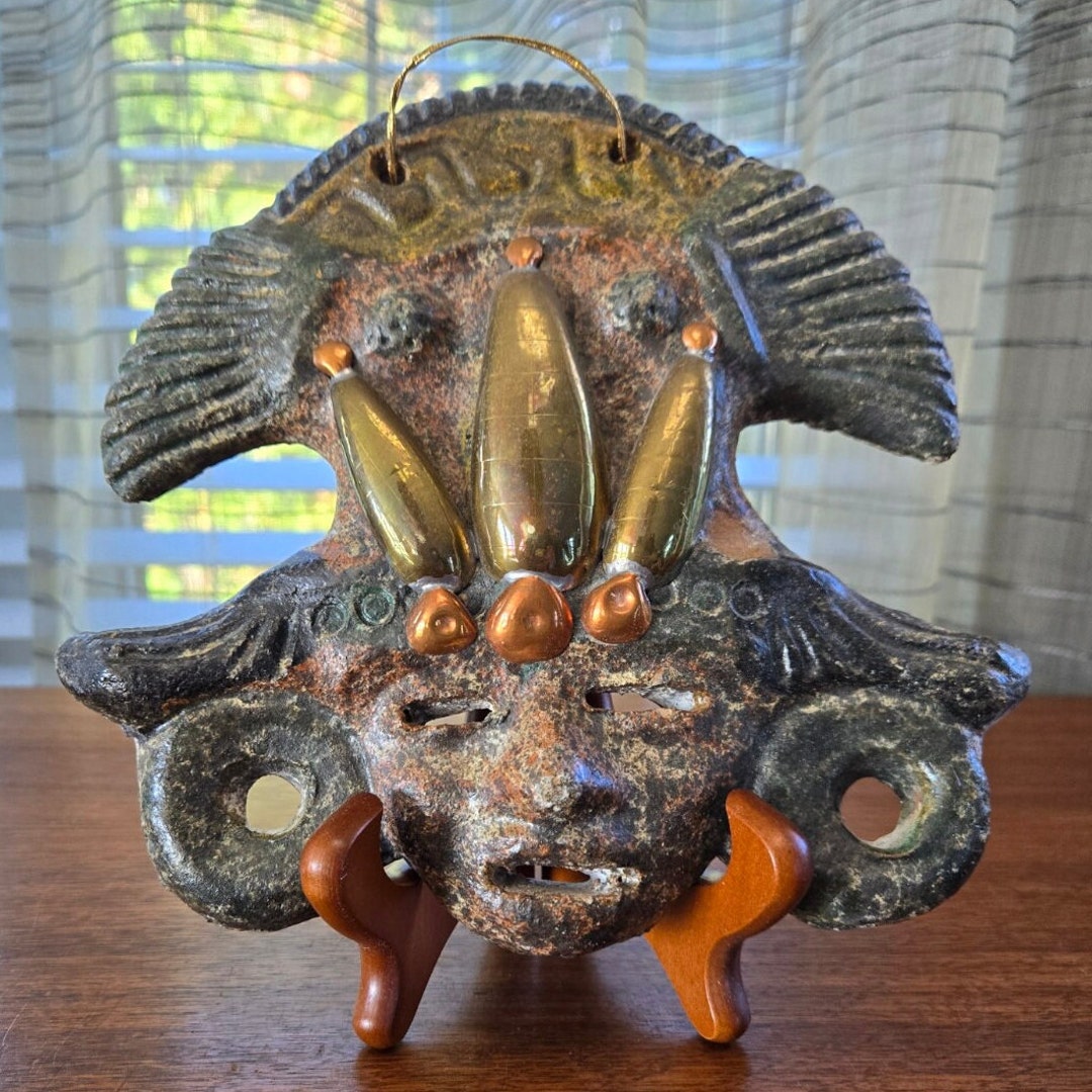 Maize God Mayan Mask, Vintage Mexican Relief Terracotta With Applied ...