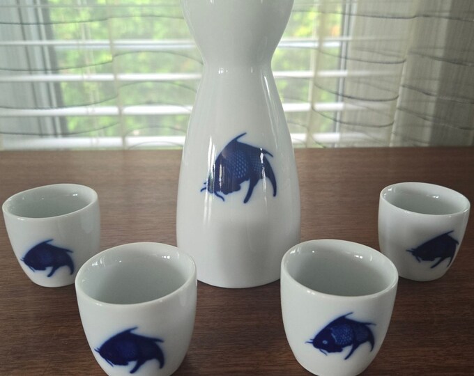 Set of 5 Porcelain Blue Koi Fish Tokkuri and Sake Cups, Vintage Sake ...