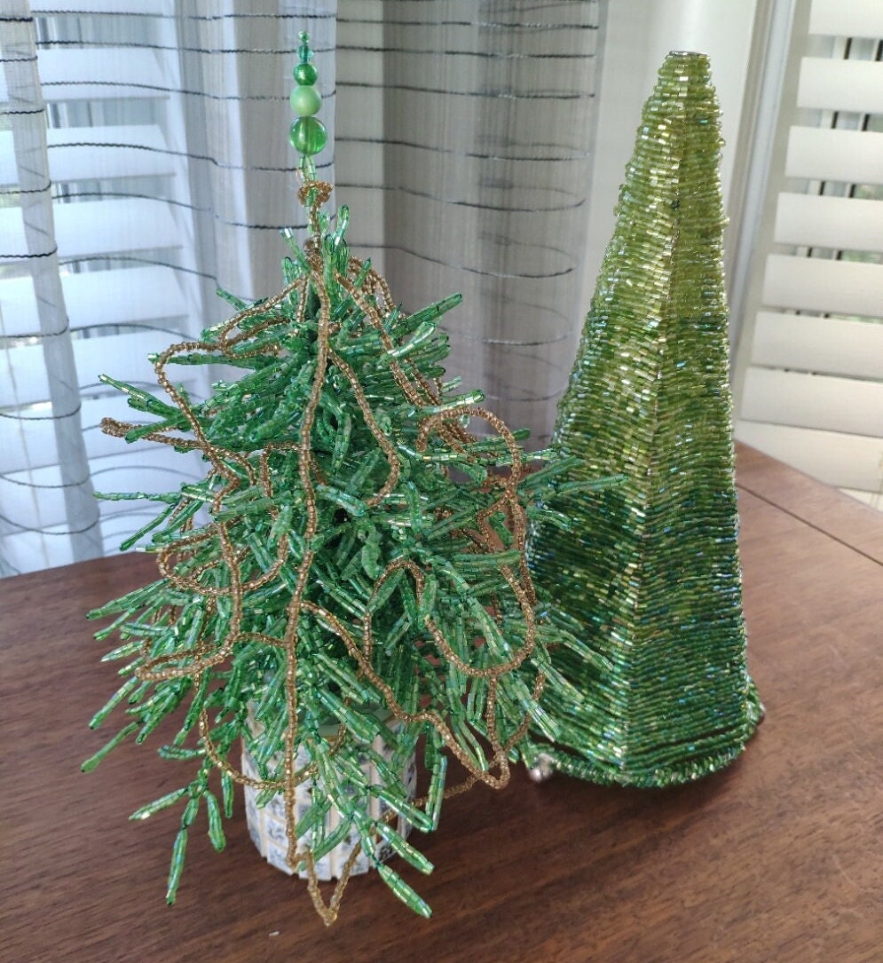 Beaded Wire Christmas Trees, Set of 2, Vintage Light Green Beads 10.5 ...