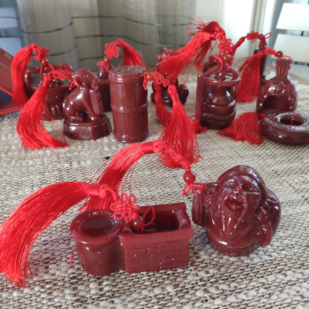 Zhuazhou Chinese Figurines, Traditional Vintage Red Resin 12 Items ...