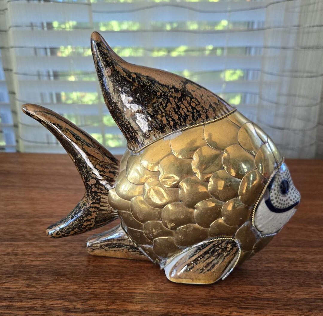 Mexican Tonala Brass Scales Fish, Vintage Angelfish Sculpture, With ...
