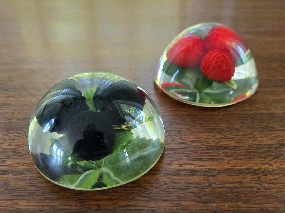 Lucite Fruits Paperweight Set of 2, Vintage Domed Encased Raspberries ...