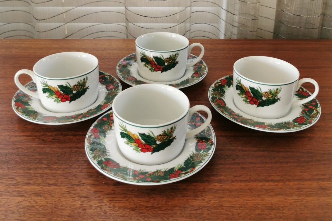 Kopin Christmas Heritage Cups and Saucers, Vintage Set of 4 Coffee Tea ...