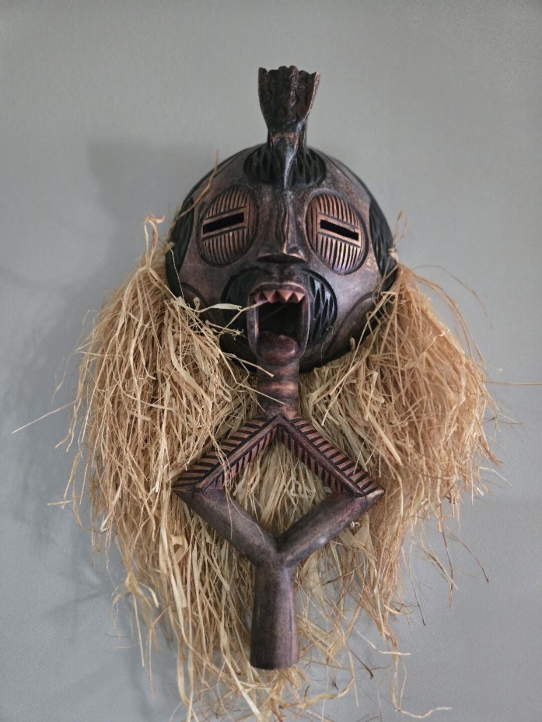 Kifwebe Luba Mask Wall Art With Bird Headdress 18" Hand Carved Vintage ...