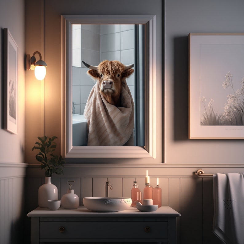 Highland Kuh in ein Handtuch gewickelt, Wandkunst, Spaß Badezimmer Dekor, lustige Badezimmer ...