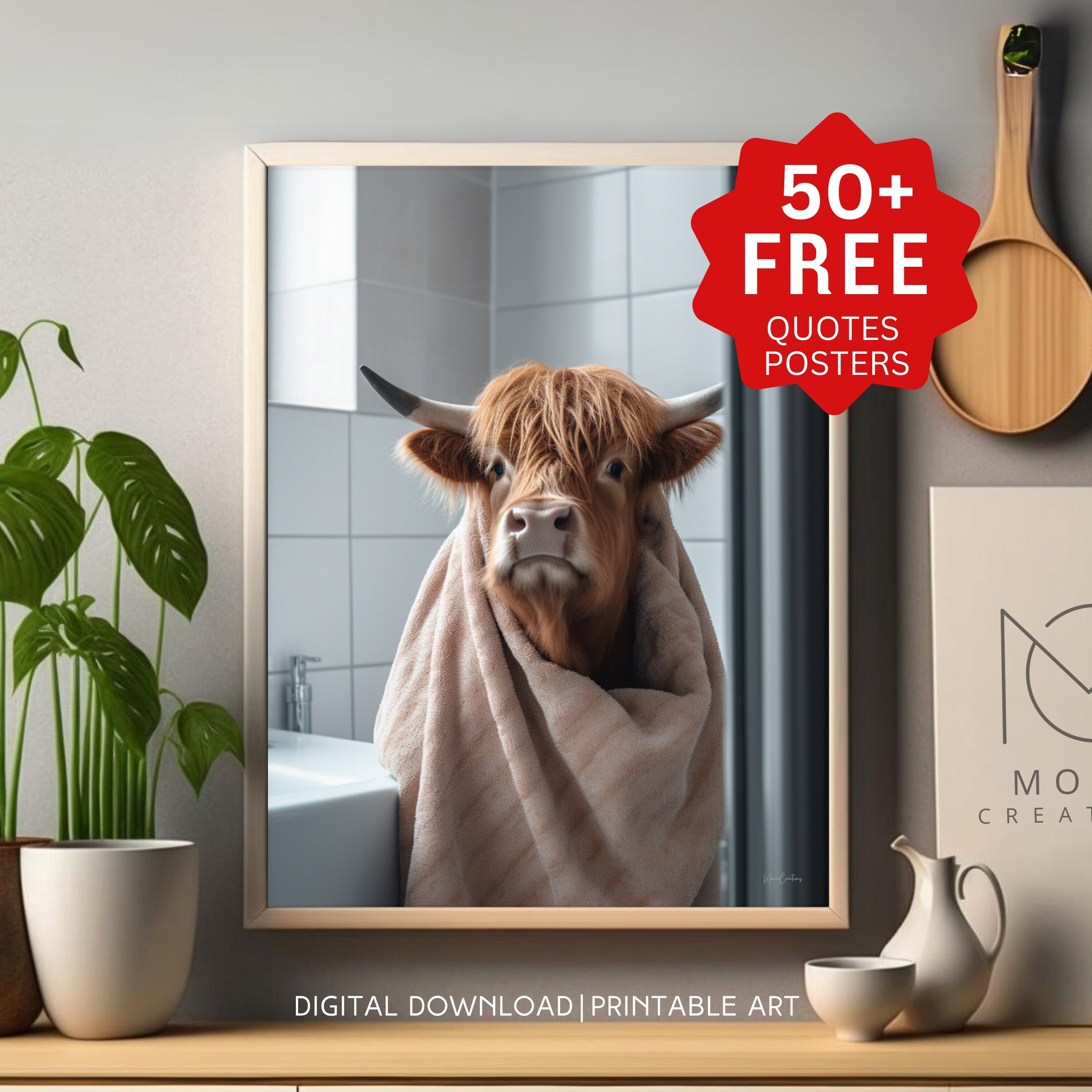 Highland Kuh in ein Handtuch gewickelt, Wandkunst, Spaß Badezimmer Dekor, lustige Badezimmer ...