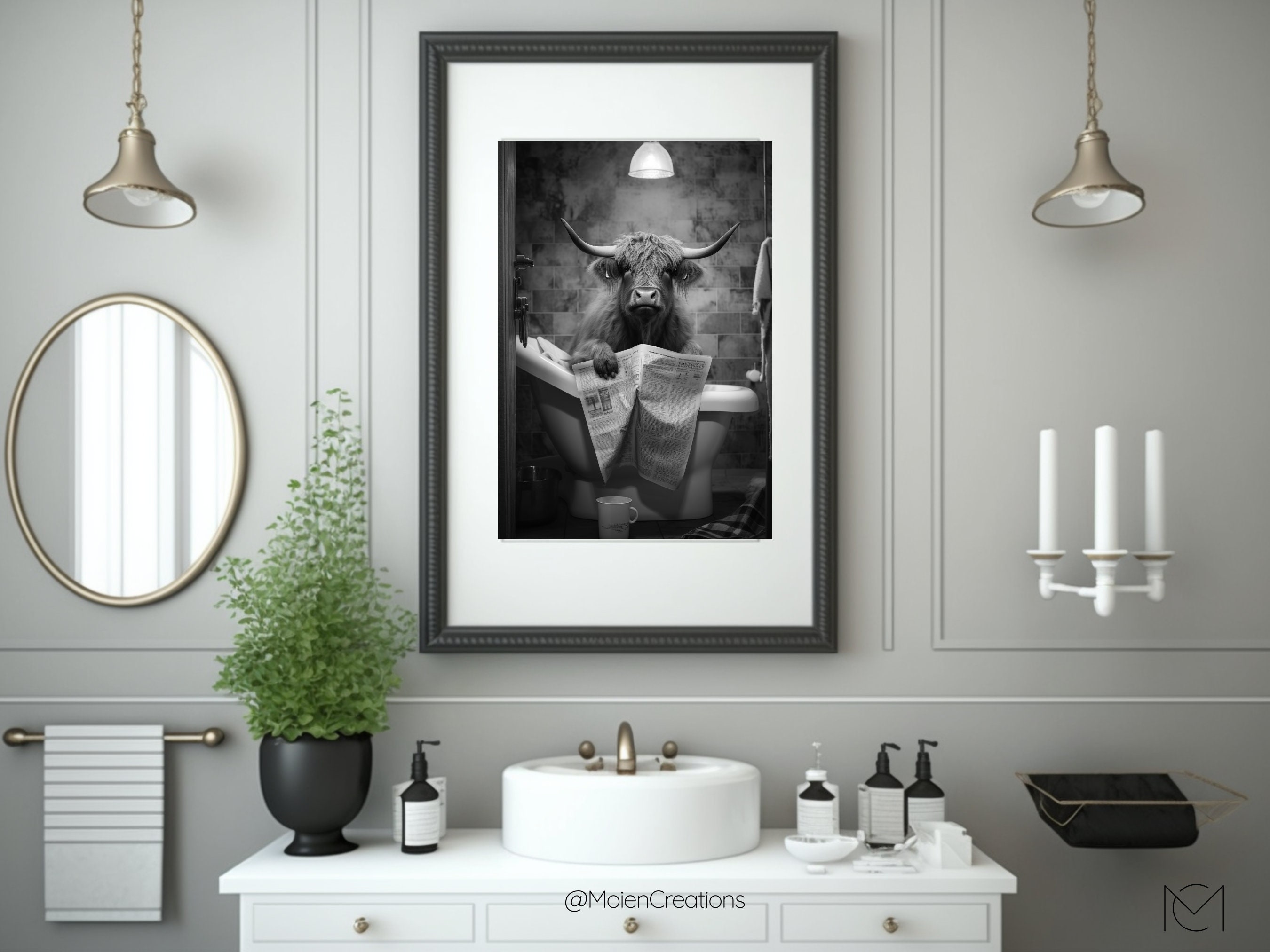 Scottish Highland Cow in the Bathroom Reading the Newspaper| Wall Art ...