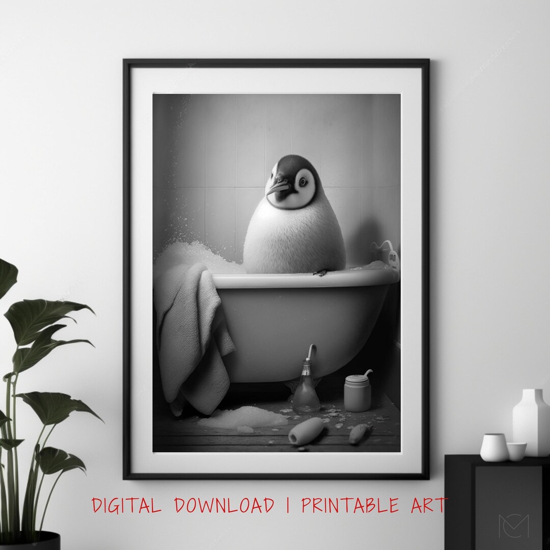 Penguin Wall Art. Penguin in a Bathtub. Animal Bathroom Decor. Bathroom ...