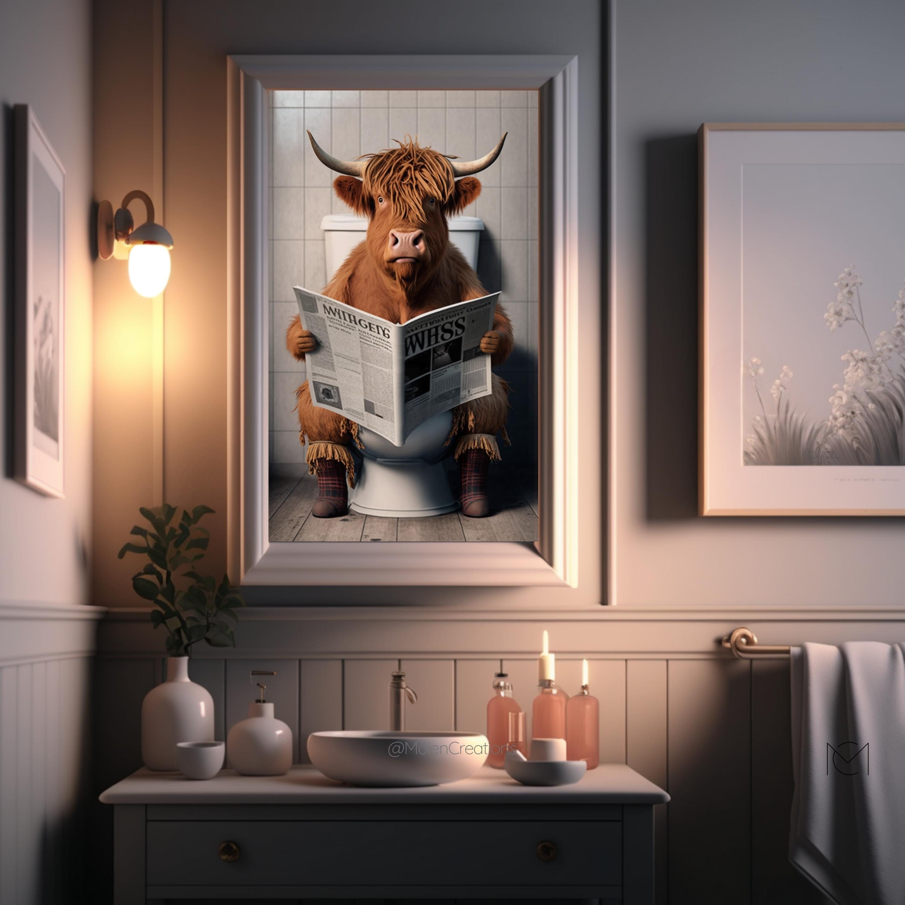 Scottish Highland Cow In The Bathroom Reading The Newspaper Wall Art