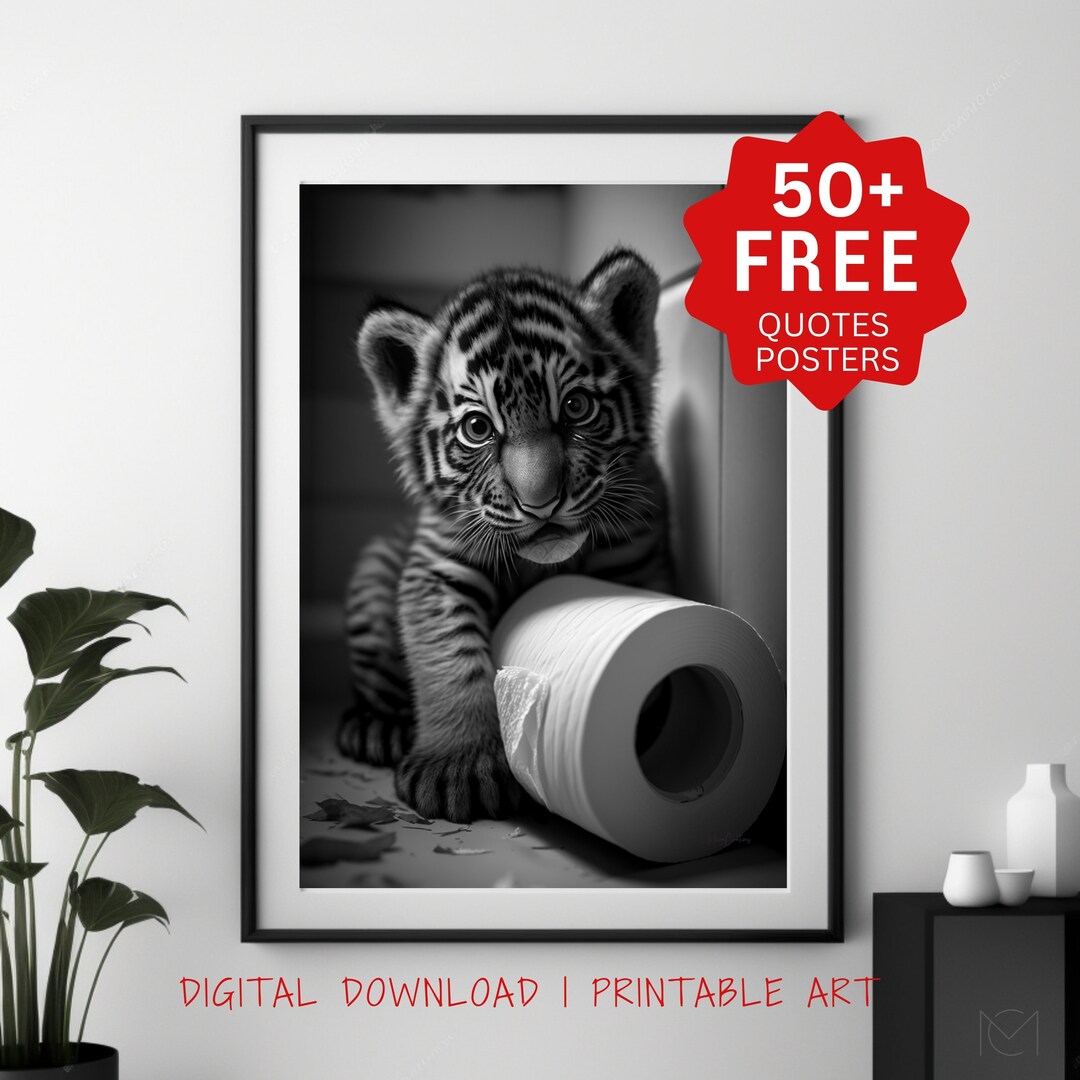 Baby Tiger Playing With Toilet Roll. Tiger Lover Gift. Bathroom Art ...