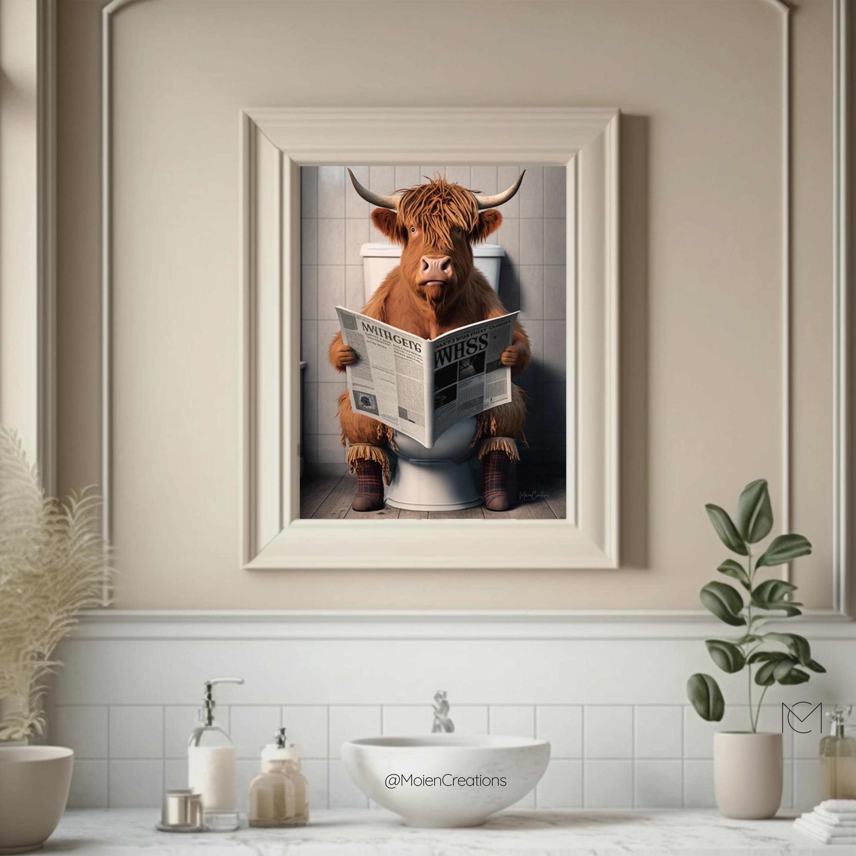 Scottish Highland Cow in the Bathroom Reading the Newspaper. Wall Art ...