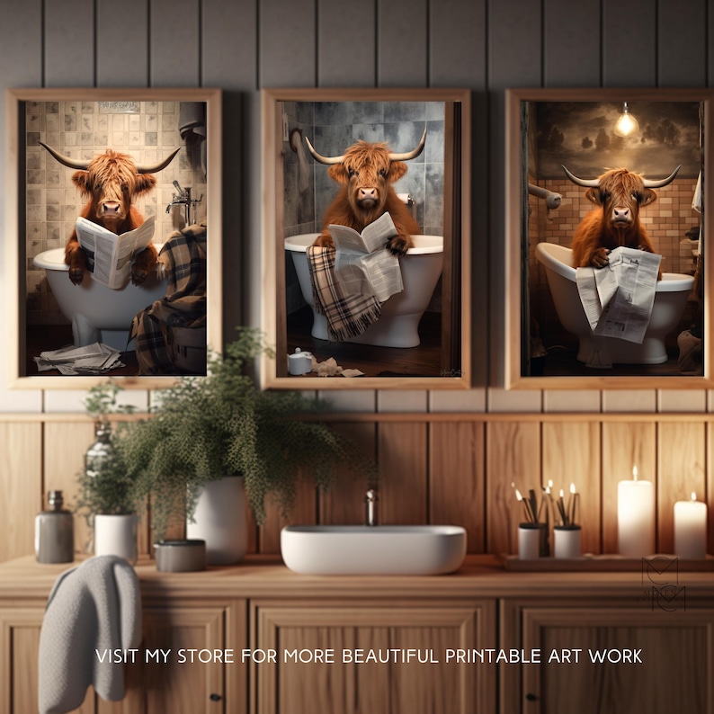 Highland Kuh in einem Handtuch eingewickelt. Wandkunst. Spaß Badezimmer Dekor. Lustige ...