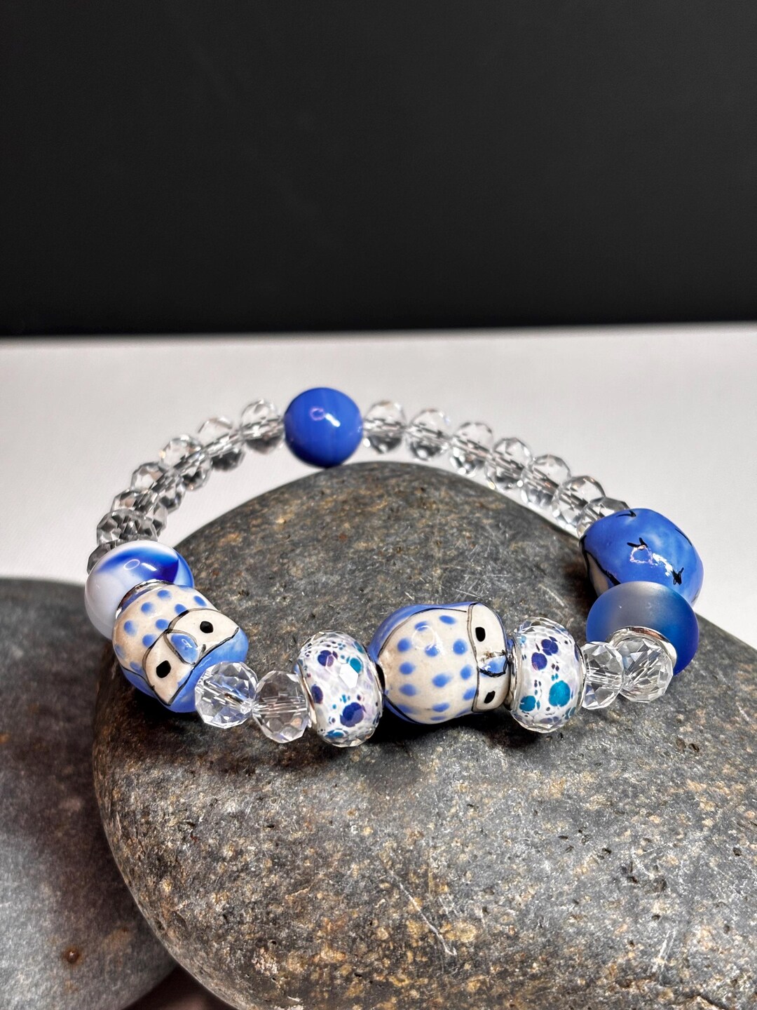 Ceramic Owl Bead Bracelet – Light Blue, Glass Beads, Boho Jewelry - Etsy