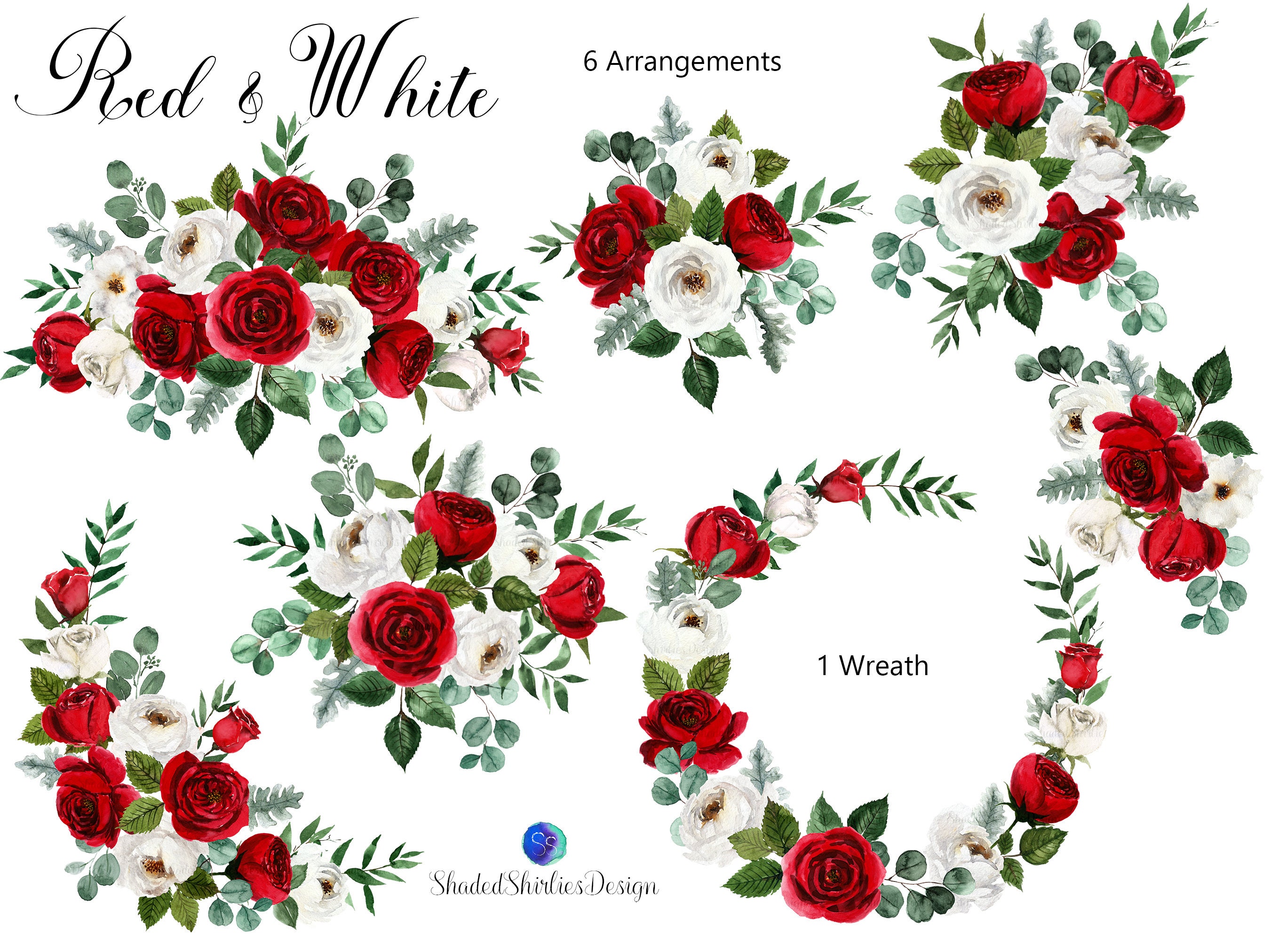 Red and White Roses Bouquets, Hand Painted Watercolor Clipart Set ...