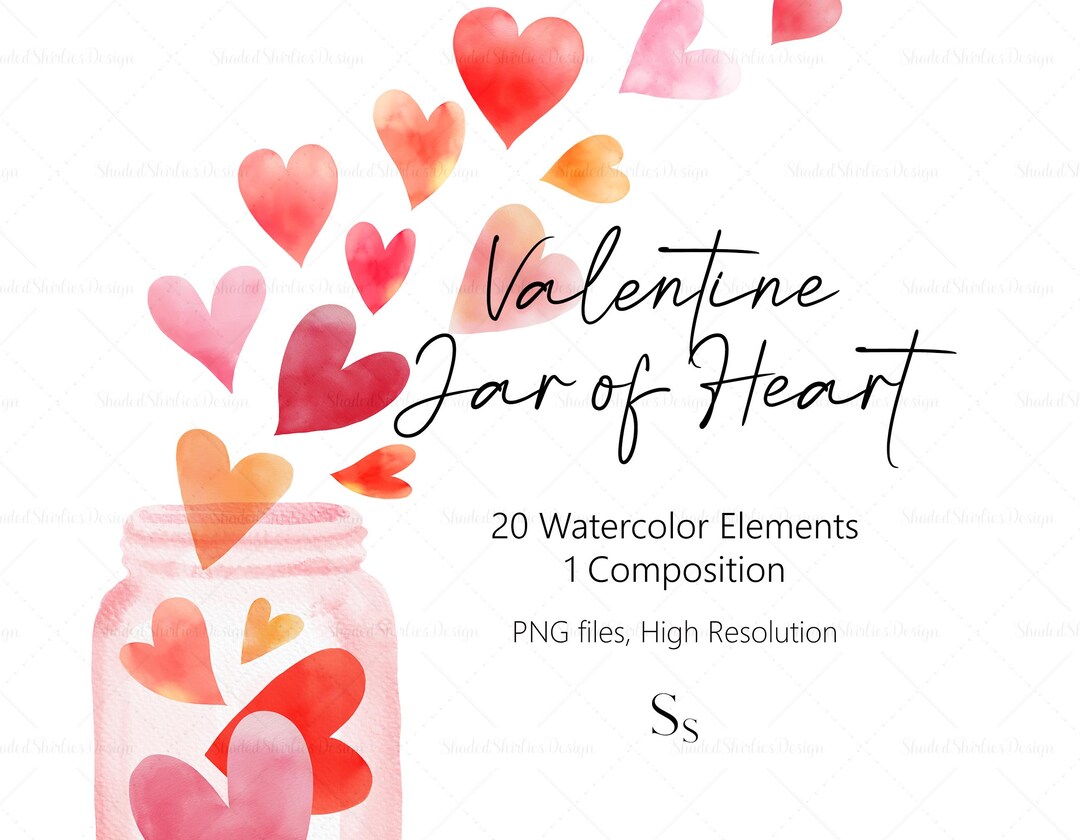 Watercolor Valentine Clipart: Jar of Hearts PNG Bundle (digital ...