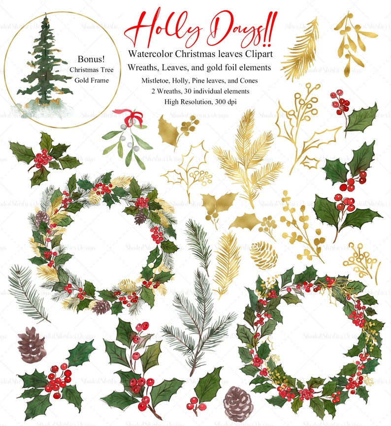 Christmas Watercolor Leaves Clipart, Holly Leaves Clip Art, Mistletoe ...