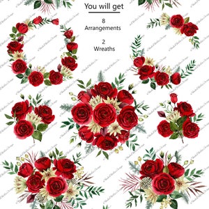 Red Roses Bouquet, Hand Painted Watercolor Clipart Set, Printable PNG ...