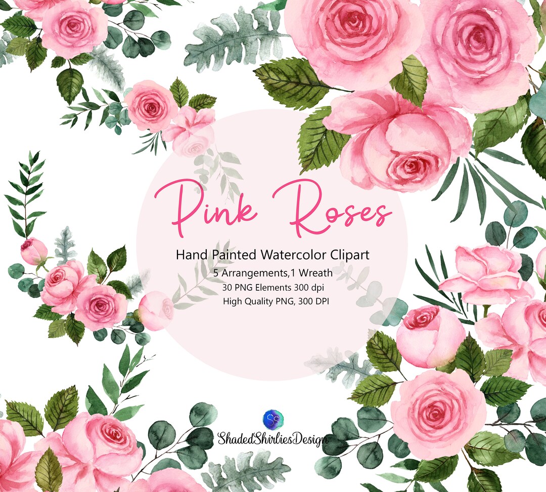 Pink Roses and Greenery Bouquet | Hand Painted Watercolor Clipart Set ...