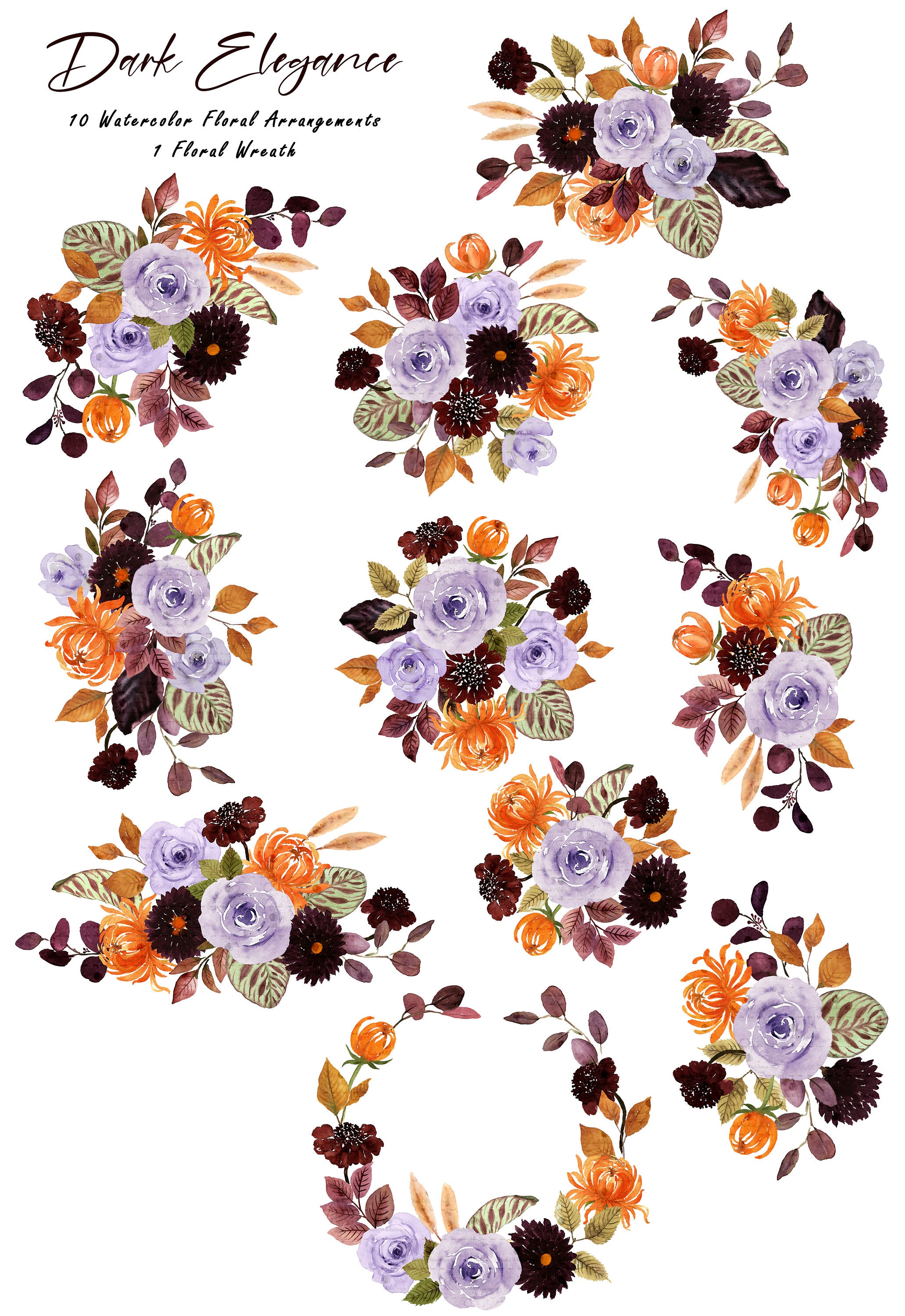 Autumn Watercolor Floral Clipart: Fall Bouquets & Wreath (digital ...