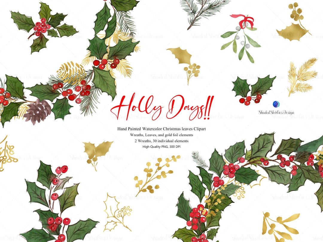 Christmas Watercolor Leaves Clipart, Holly Leaves Clip Art, Mistletoe ...