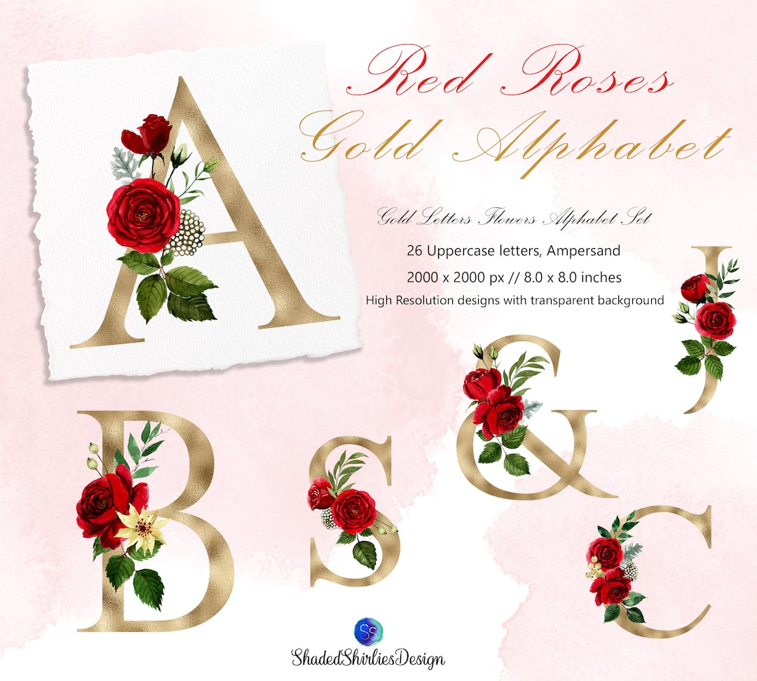 Watercolor Floral Gold Alphabet Clipart: Red Roses Monogram (PNG ...