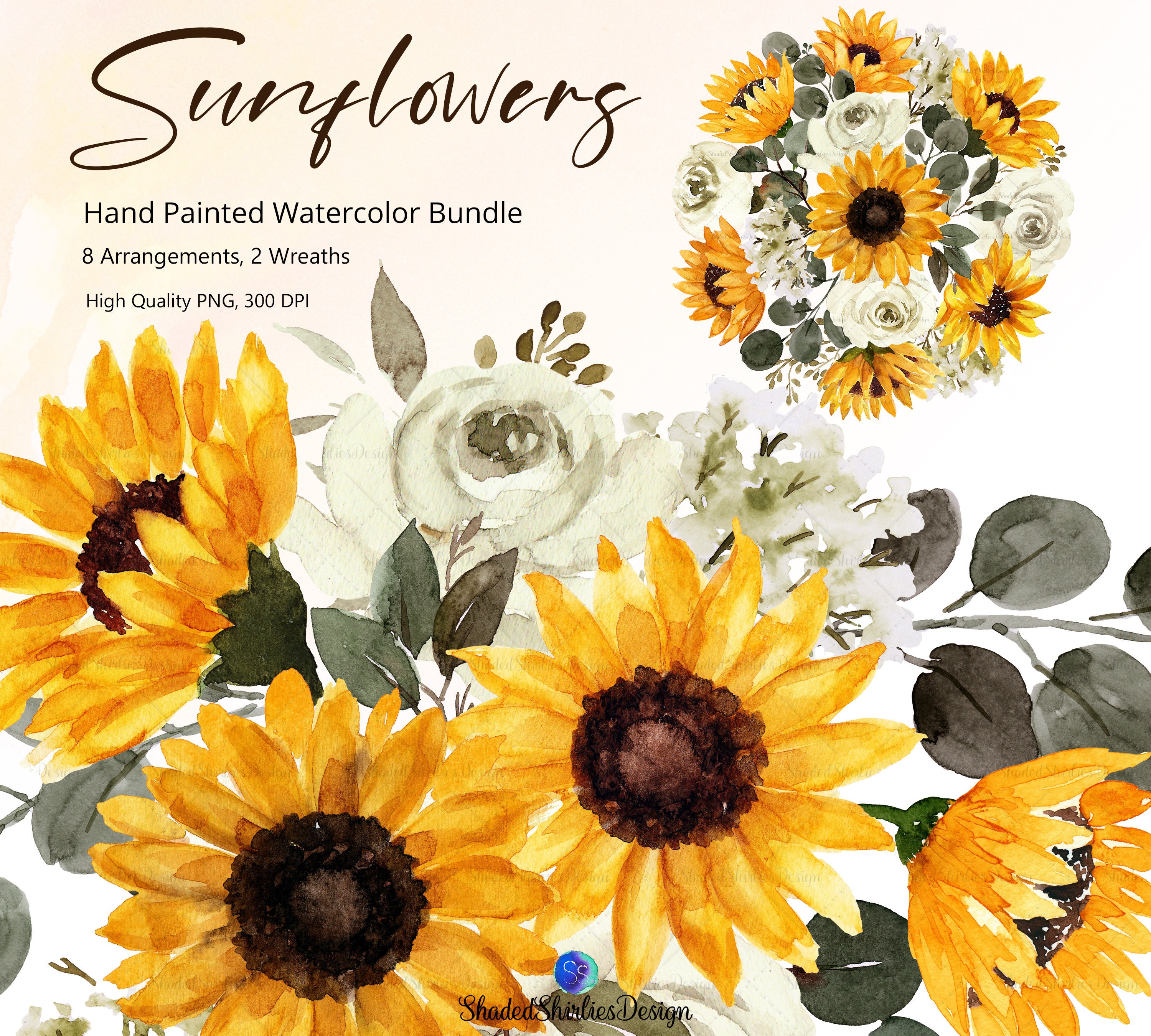 Watercolor Sunflower Clipart, Flower Clip Art, Floral Graphics, Yellow ...