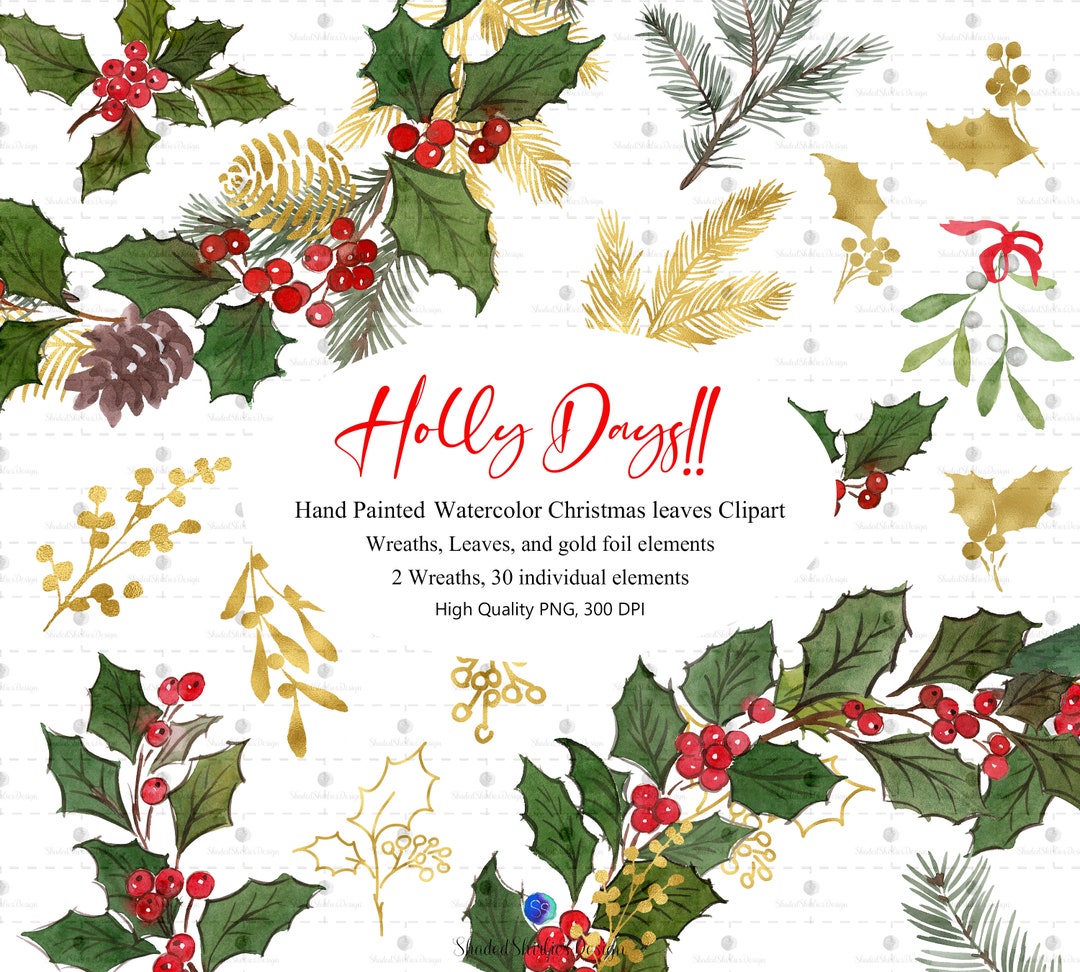 Christmas Watercolor Leaves Clipart Holly Leaves Clip Art - Etsy