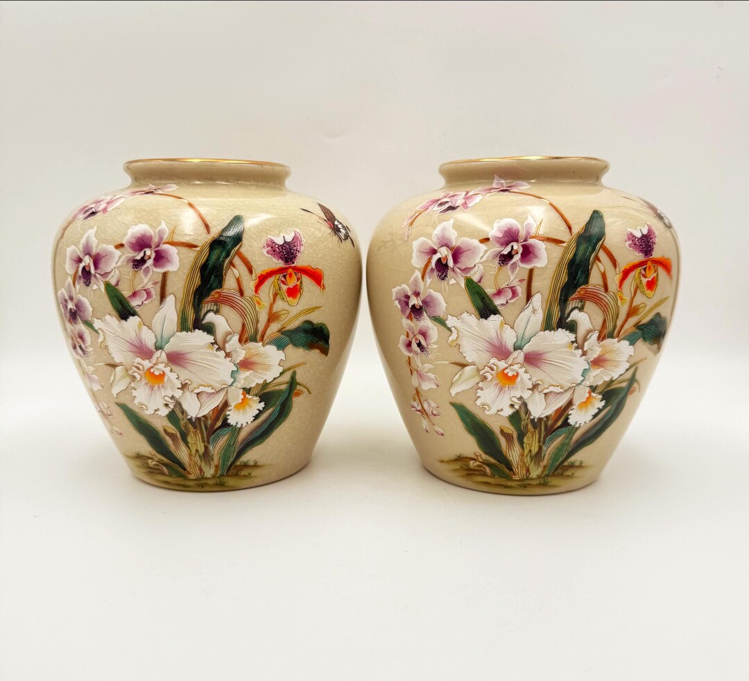 Antique Toyo White Orchid Butterfly Vase Pair Japan Painted Crackled ...