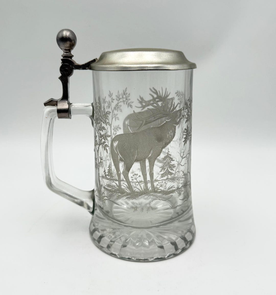 Vintage German Crystal Glass Beer Stein W/ Pewter Lid - White Enameled ...
