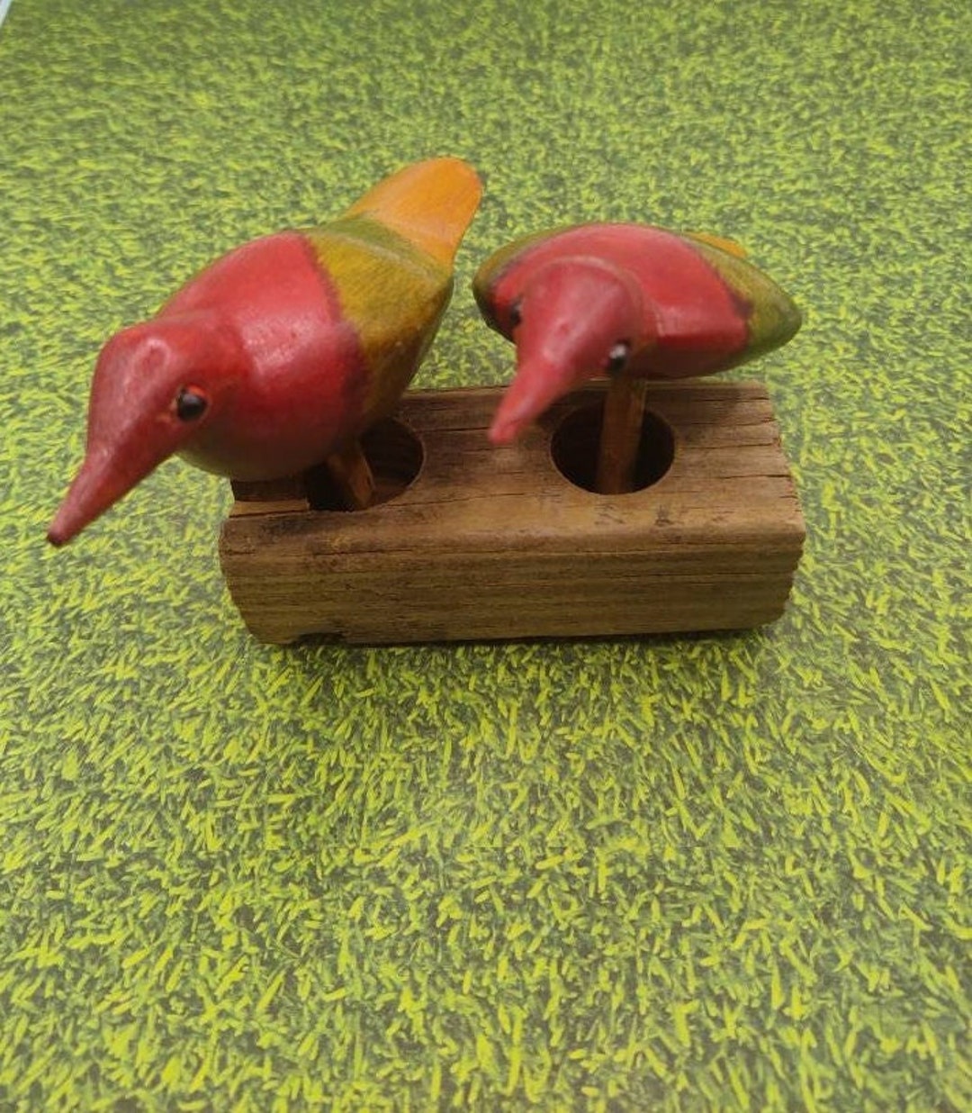 3 WOODEN BIRD PICKS ~ Folk Art Bird on Wooden Stick ~ Stained ~ Hand ...