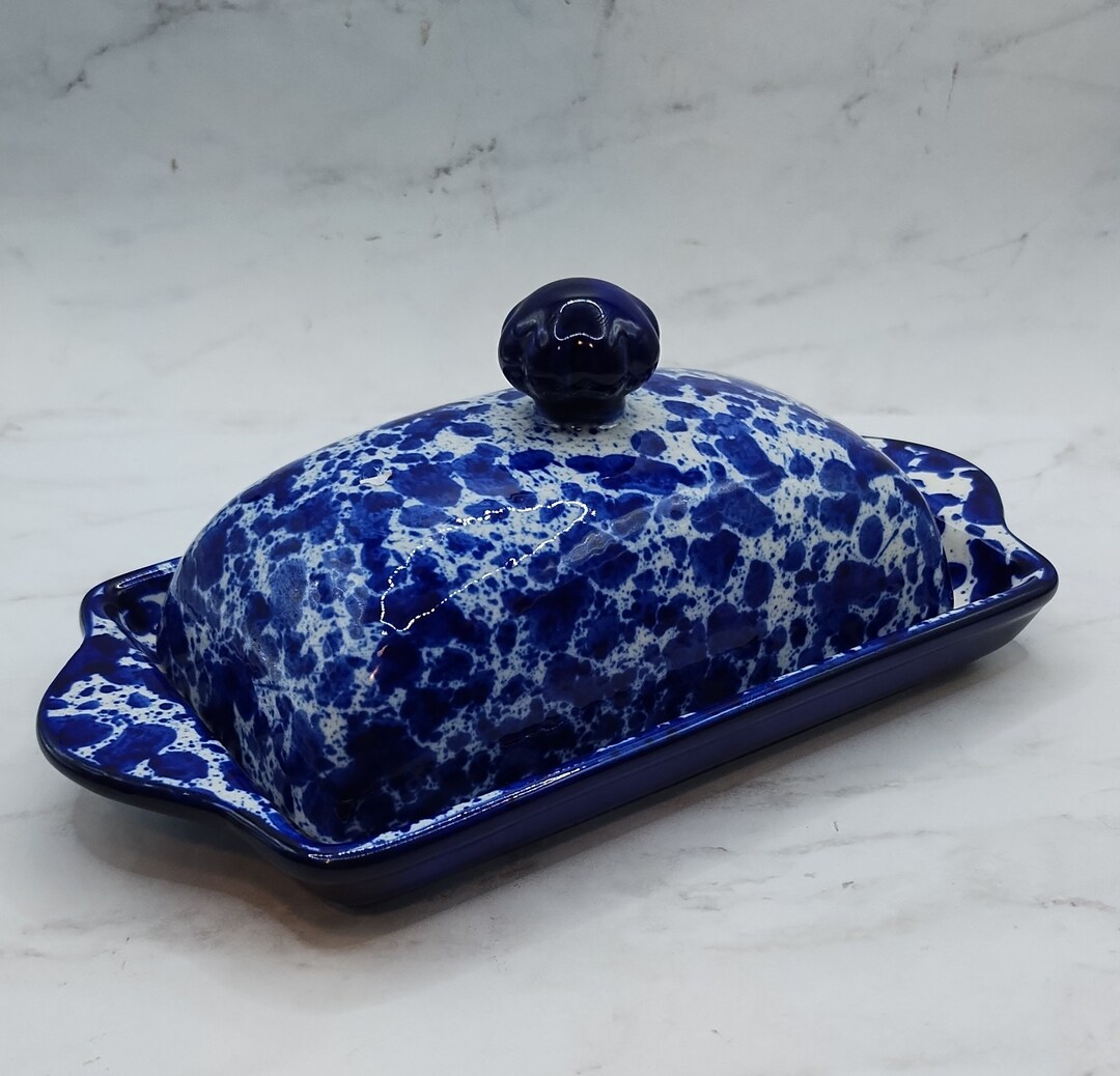 Blue & White SPLATTER BUTTER DISH ~ Pottery ~ Mint Condition ~ Free ...
