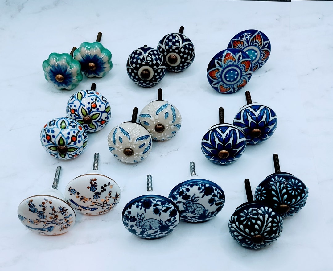BLUE DRAWER PULLS ~ Ceramic Knob ~ Cobalt ~ Floral ~ Birds ~ Rabbits ...