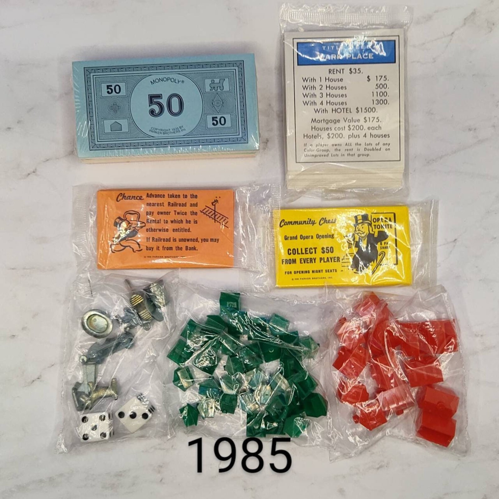 Mint 1985 MONOPOLY GAME PIECES ~ Tokens ~ Deeds ~ Money ~ Hotels ...