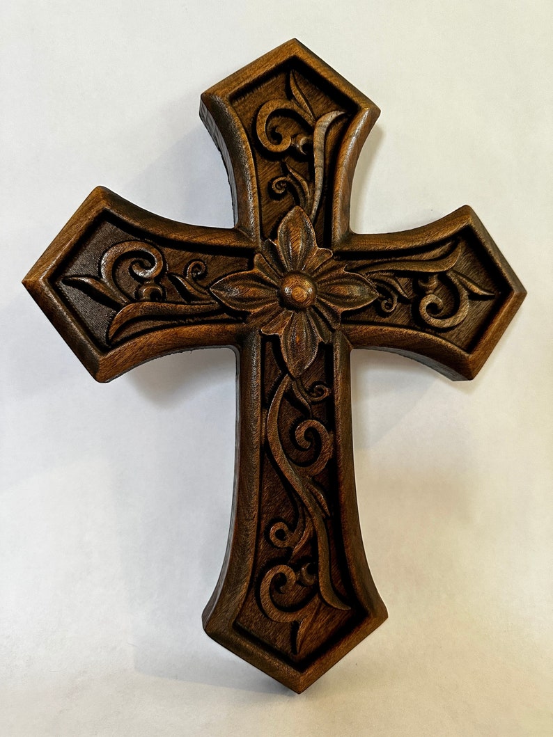 Ornate Flower and Vine Wooden Cross, Large Wall Hanging Cross, Large ...