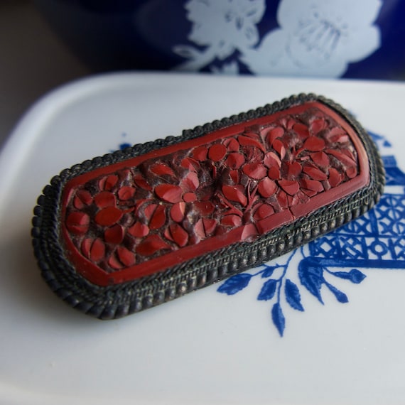 Antique Chinese Cinnabar Red Carved Floral Brooch - Gem