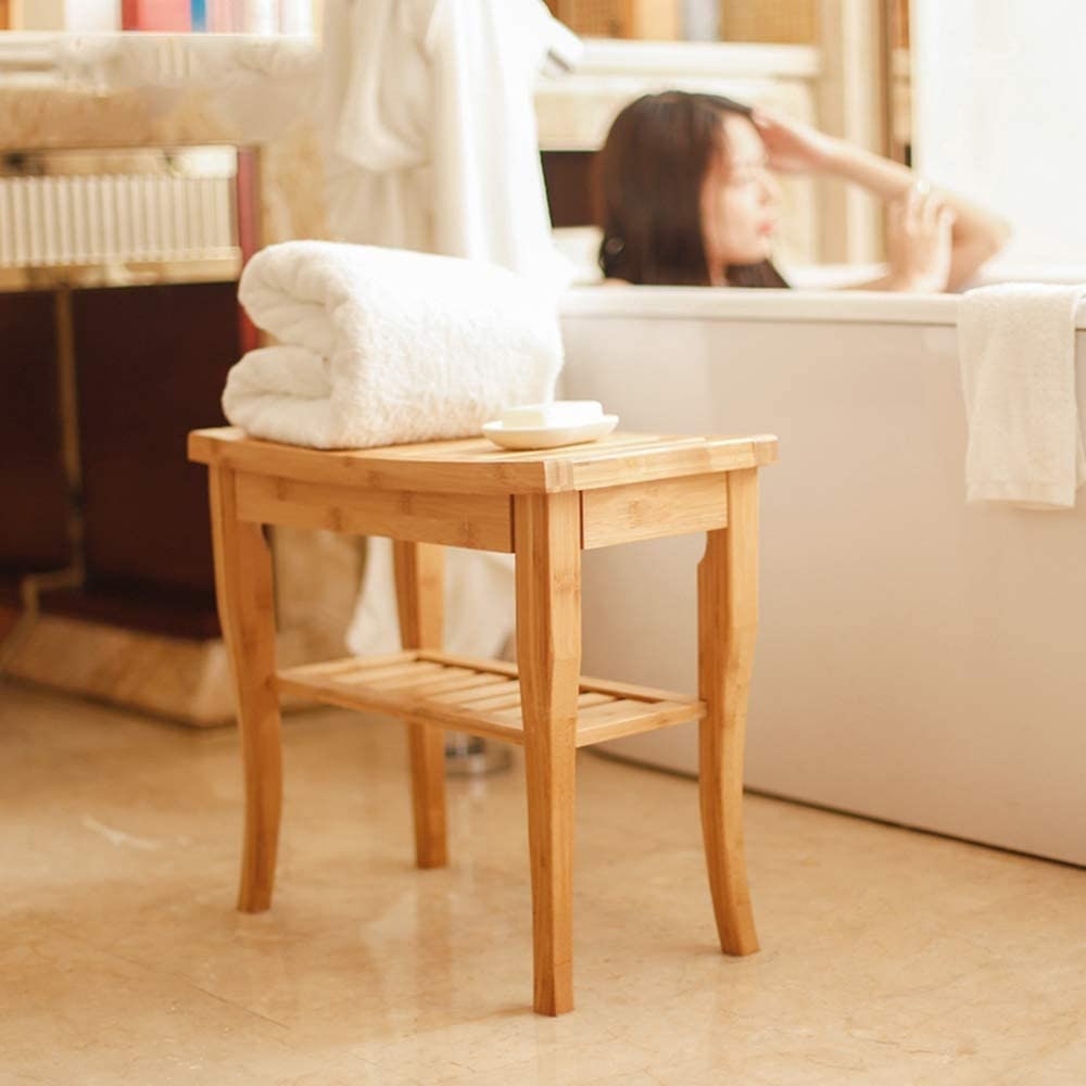 Bathroom Stool Non-slip 2 Tiers Shower Stool Wood Stool Bath Stool ...