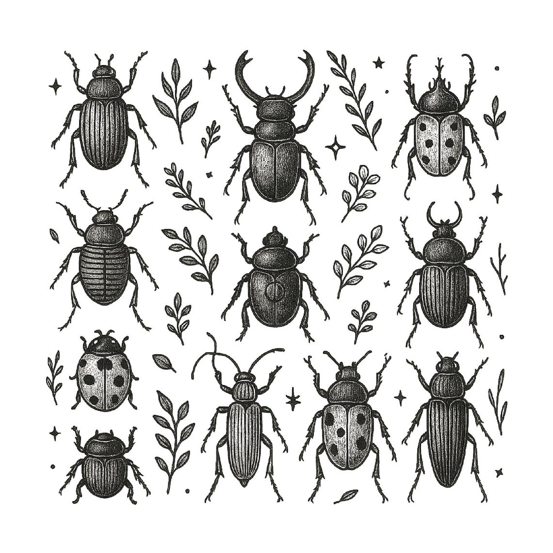 Vintage Beetle Clipart Set: Botanical Insect Line Art (PNG Download) - Etsy