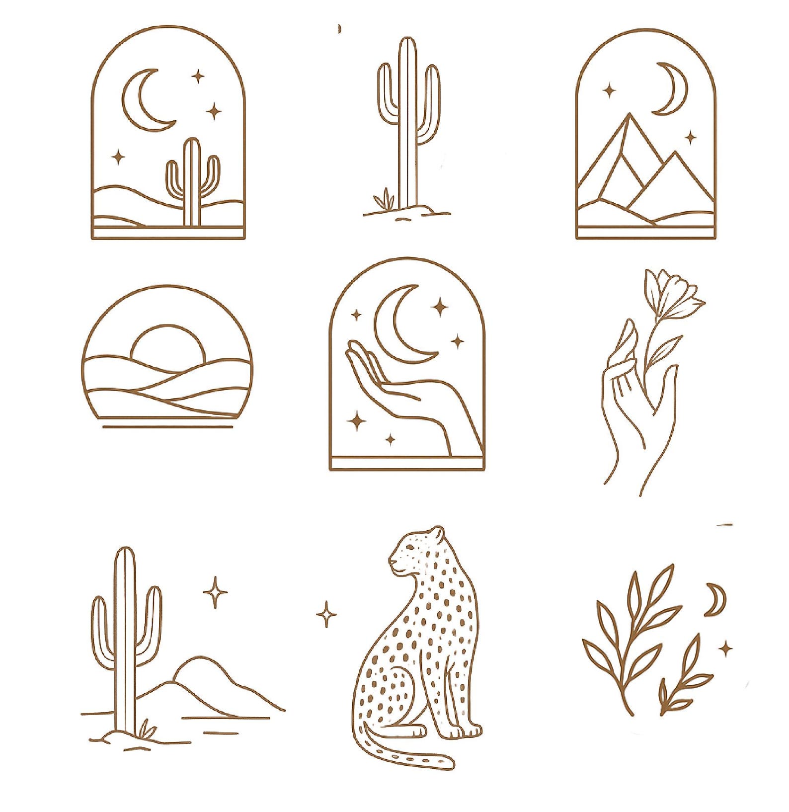 Boho Desert Line Art Clipart Set, Leopard, Moon, Cactus (PNG Download ...