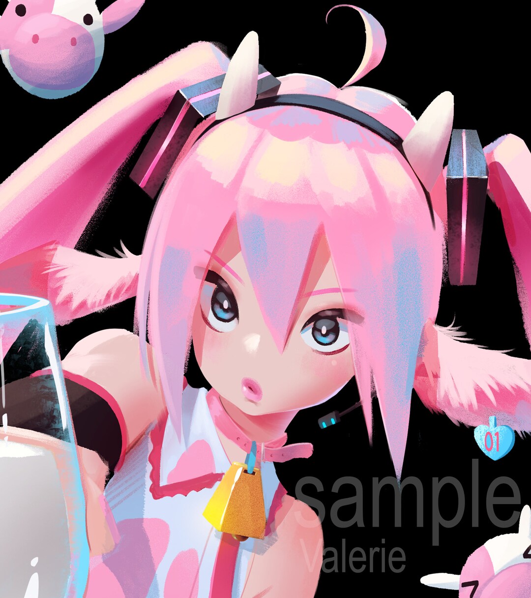 Hatsune Miku COW Milk Original Illustration T-shirt Tee Kawaii Harajuku ...