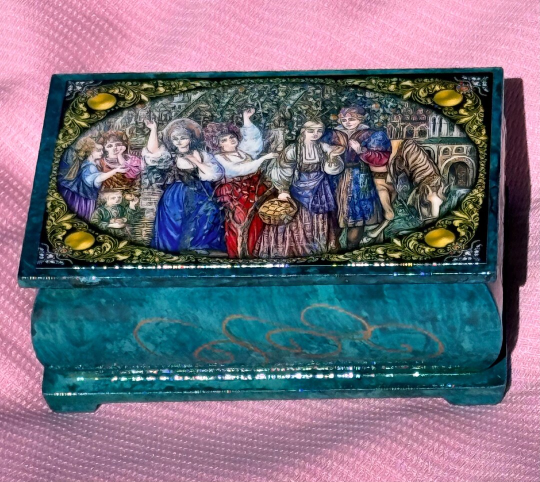 Hand Painted Folk Art Jewelry Box. Medieval Village Scene Trinket Box ...