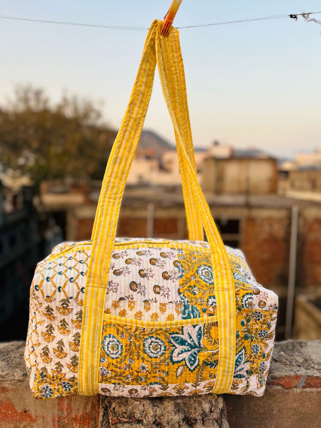 Large Cotton Weekender Travel Bag, Handmade Quilted Fabric Duffle Bag ...