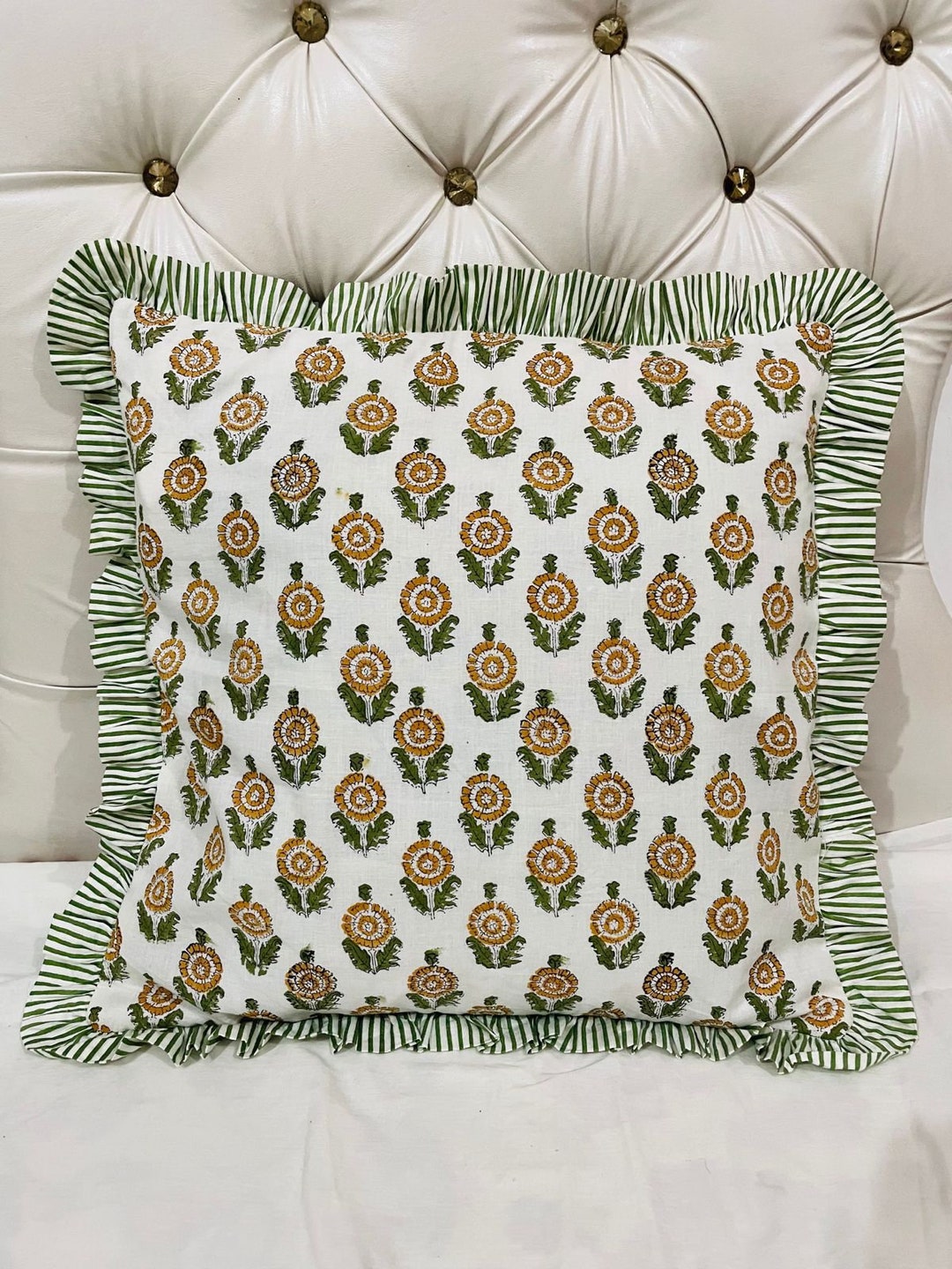 Vintage Indian Cotton Block Print Frill Cushion Covers Hand Blocks ...